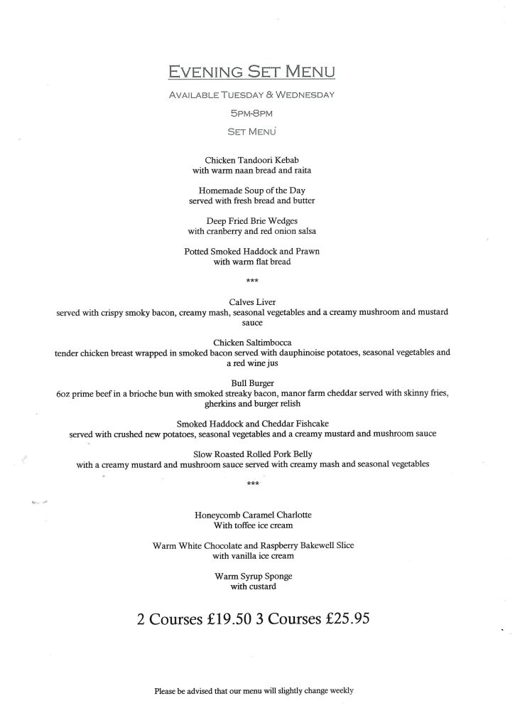 Tuesday & Wednesday Evening Set Menu – Bull Pub