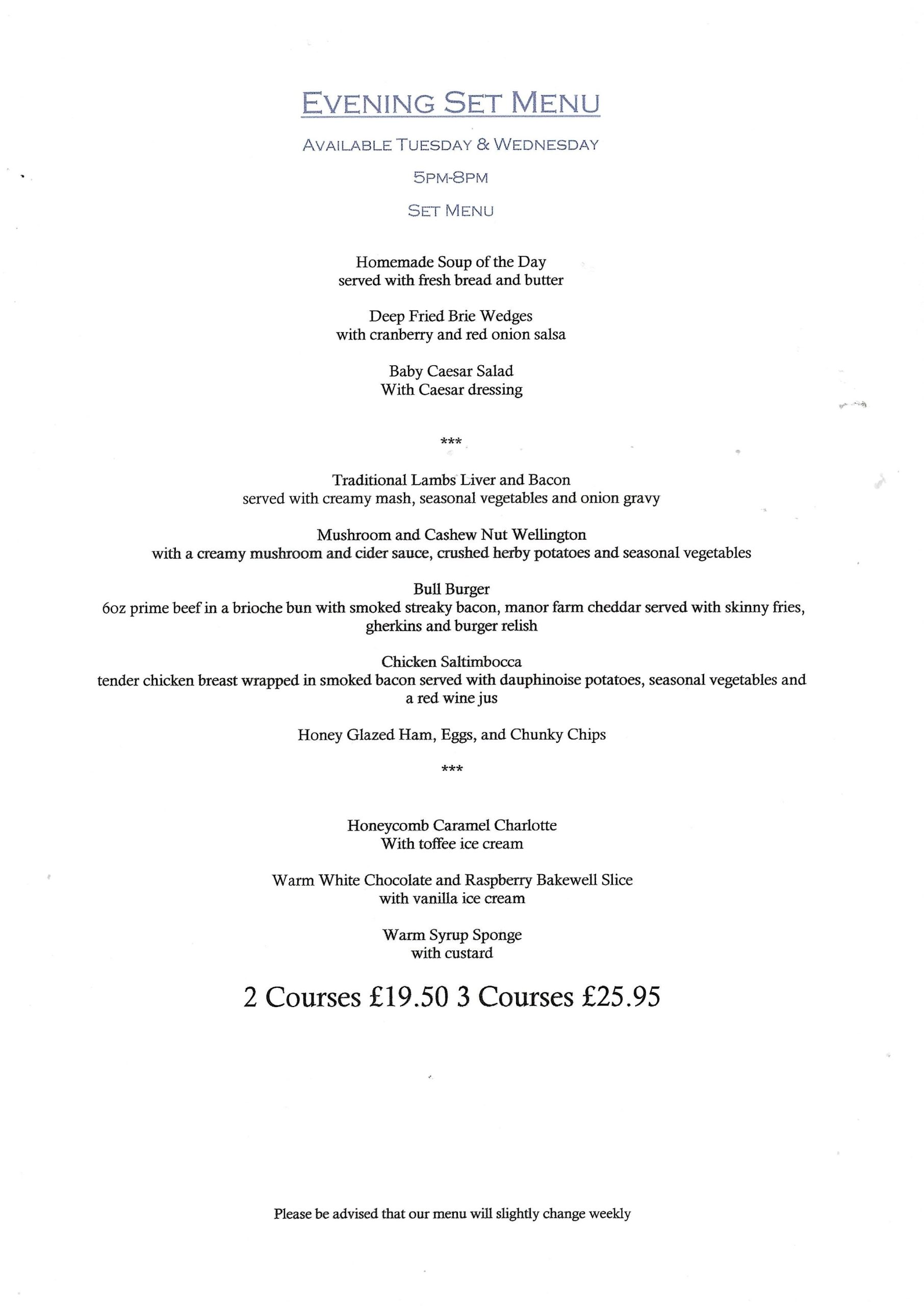 Tuesday & Wednesday Evening Set Menu – Bull Pub
