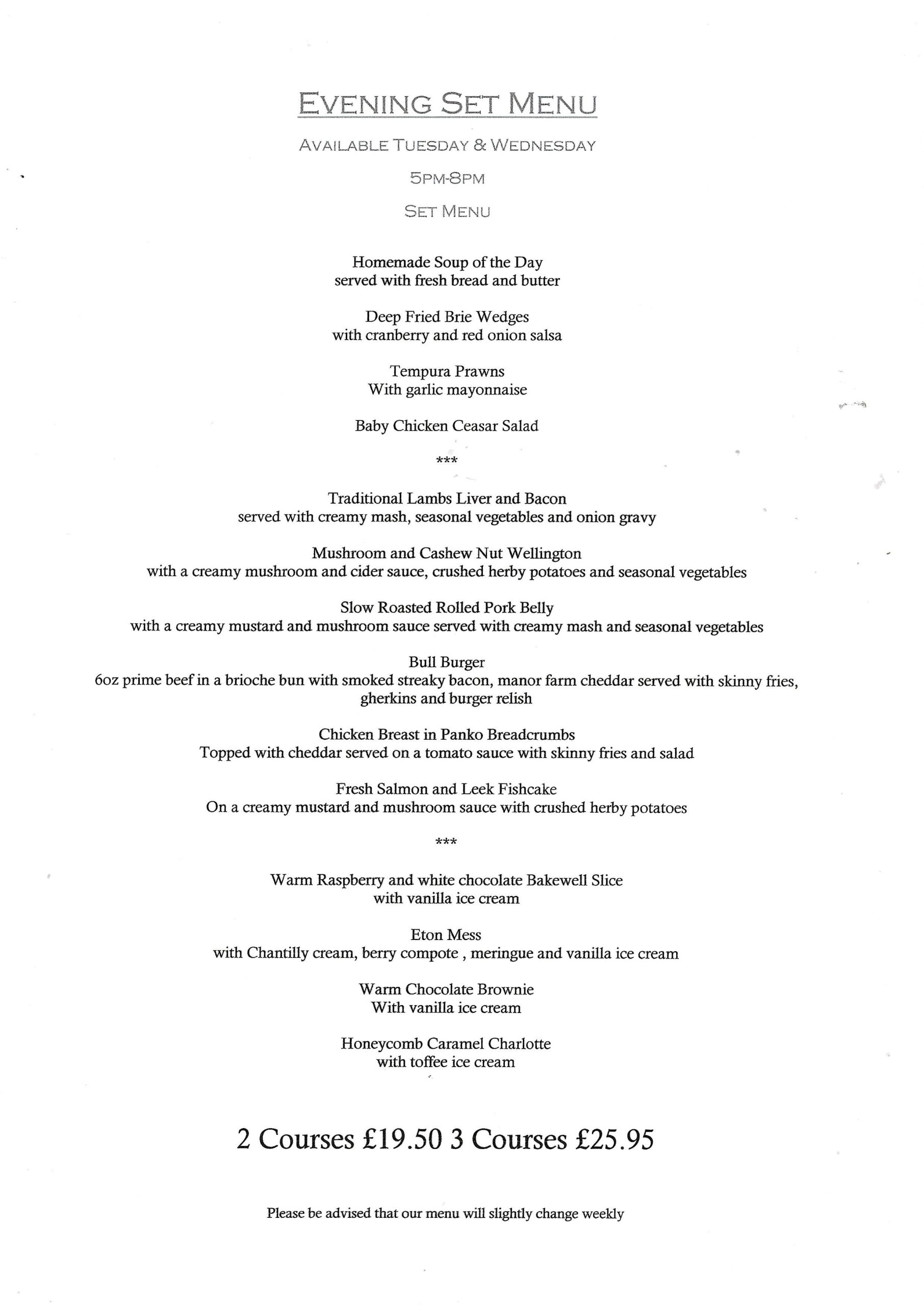 Tuesday & Wednesday Evening Set Menu – Bull Pub