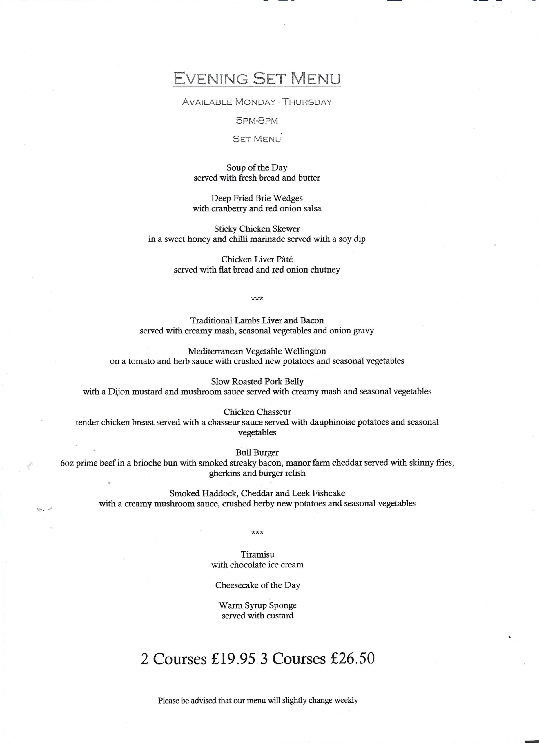 Monday - Thursday Evening Set Menu - Bull Pub
