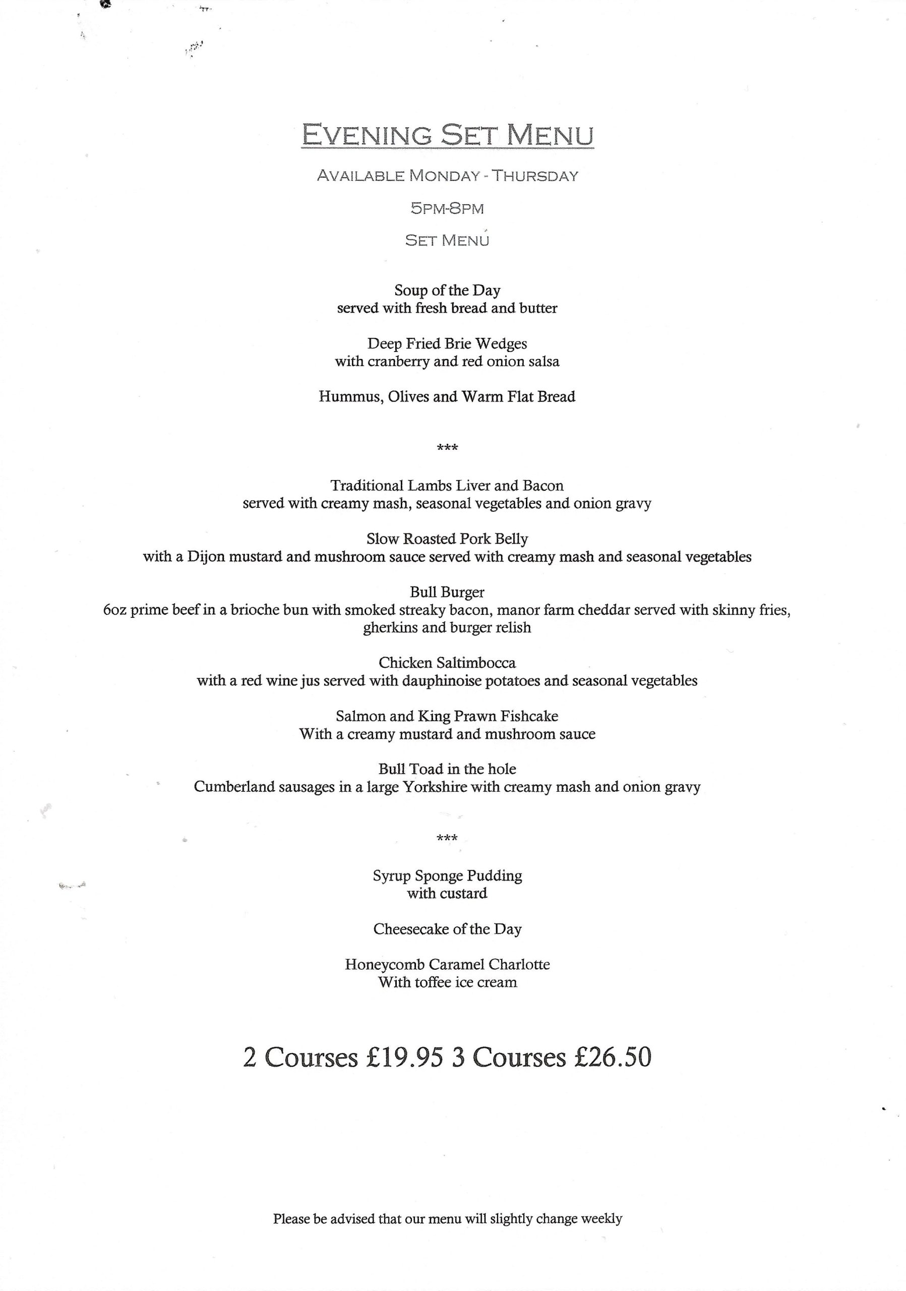 Monday - Thursday Evening Set Menu - Bull Pub