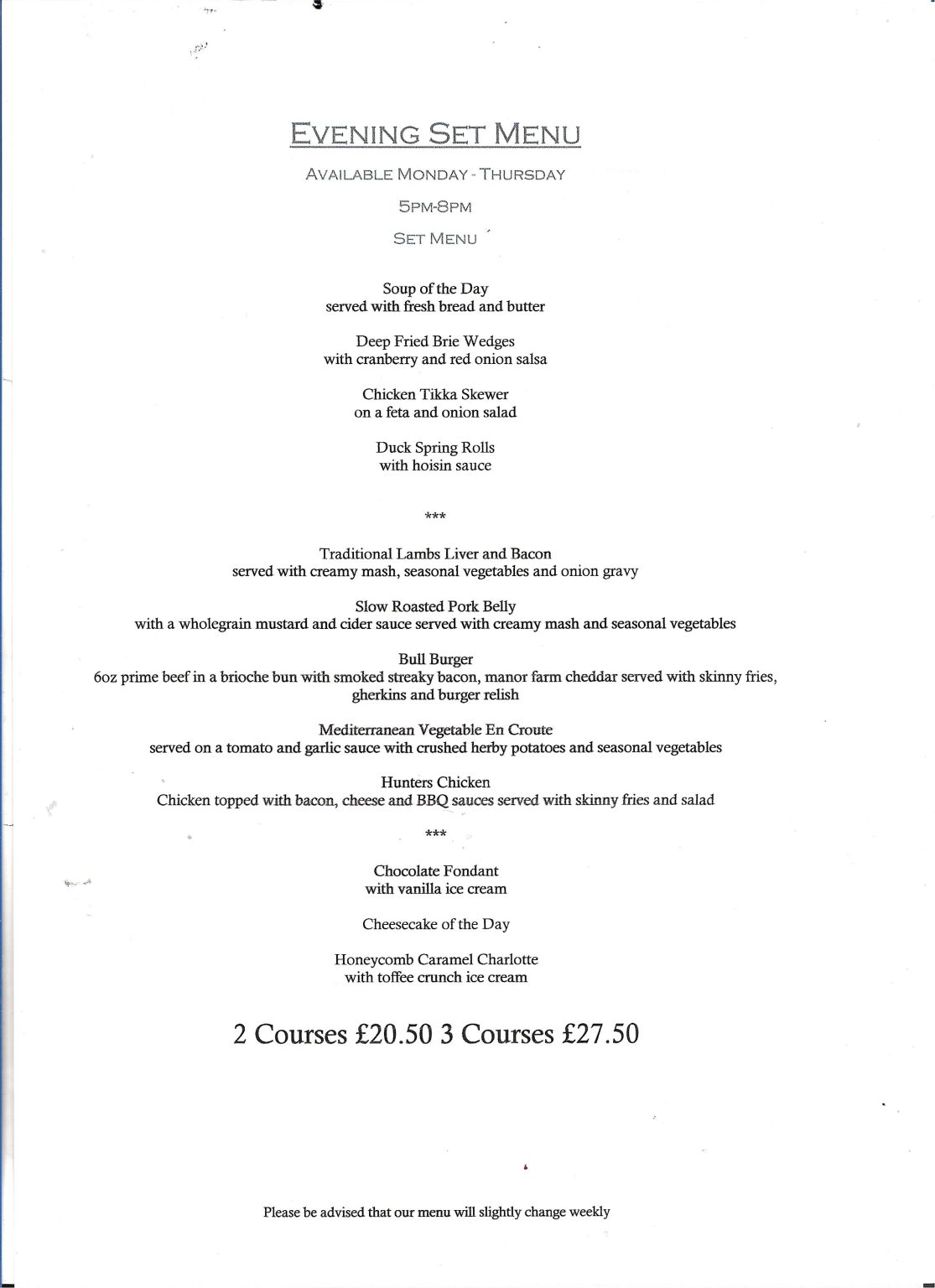 Monday - Thursday Evening Set Menu - Bull Pub