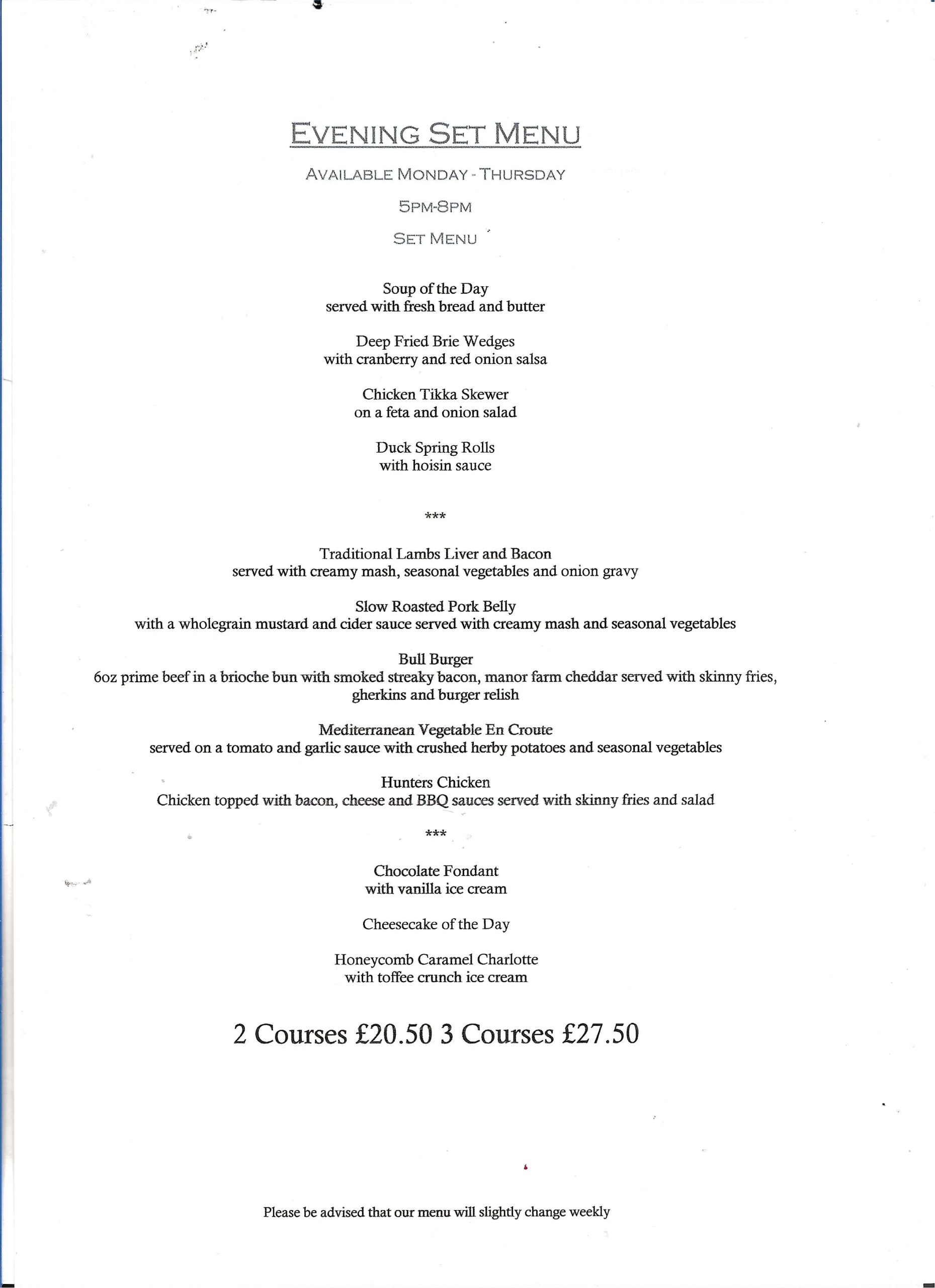 Monday - Thursday Evening Set Menu - Bull Pub